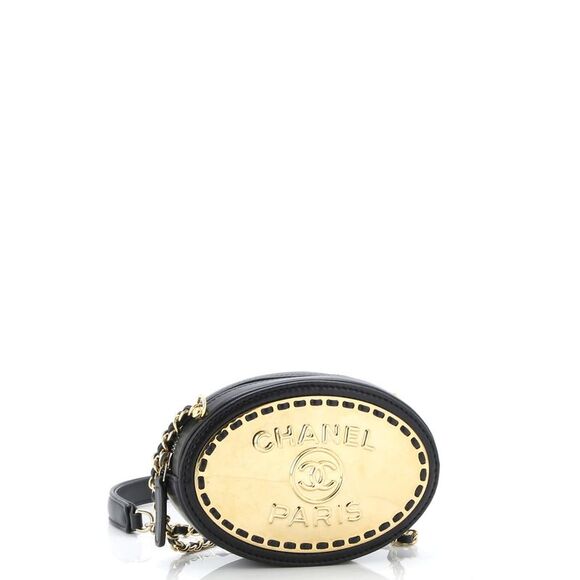 CHANEL | Bags | Chanel Logo Plate Oval Clutch With Chain Metal And ...
